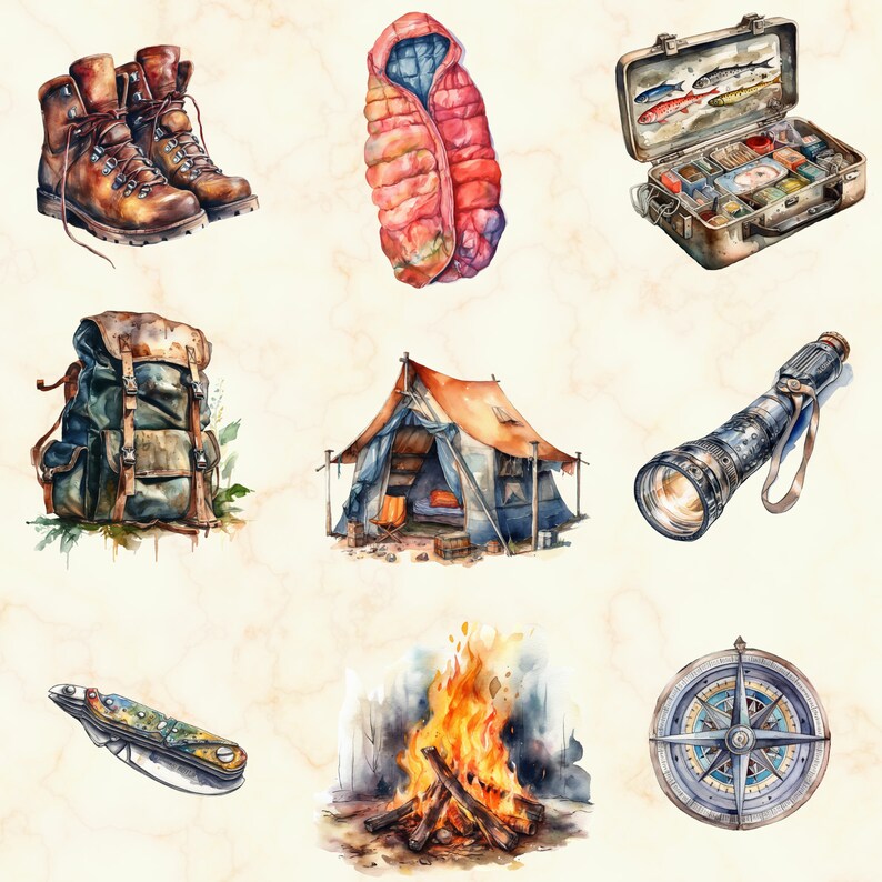 36 Camping Watercolor Clipart Summer Camping PNG Set, Hiking PNG ...