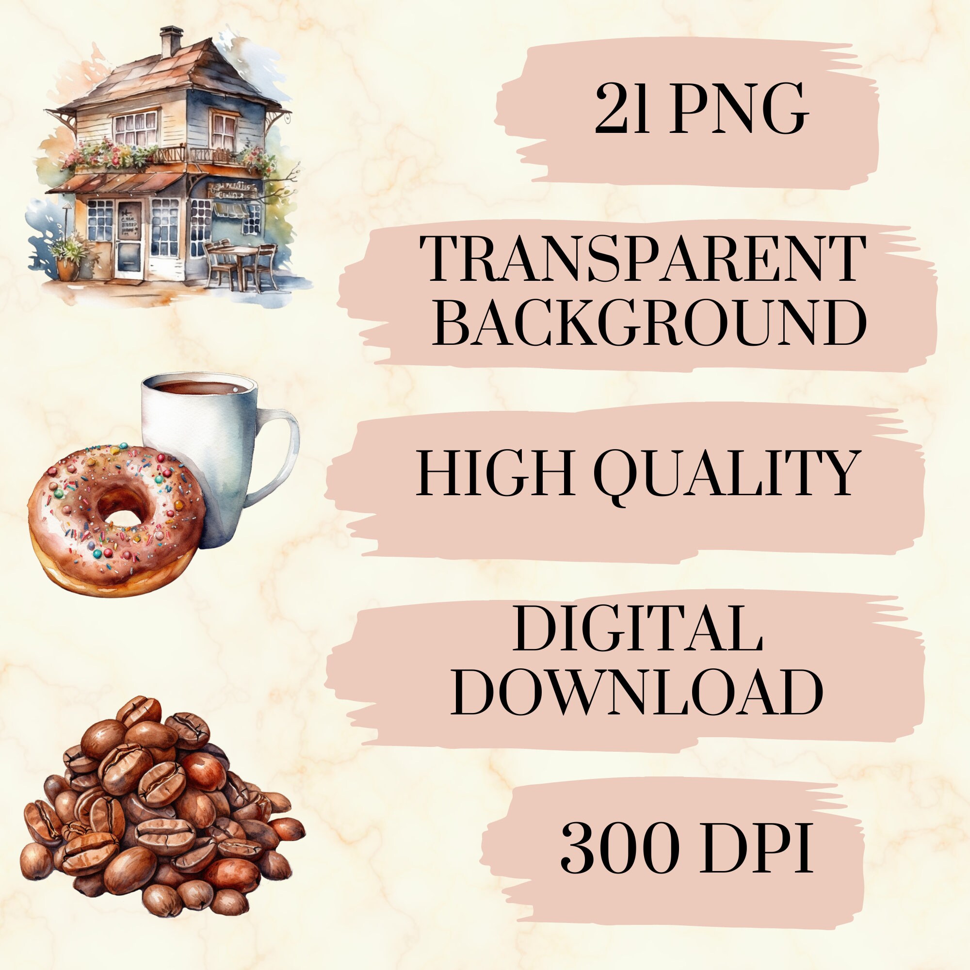 21 Coffee Watercolor Clipart - Cute Cafe PNG Set, Coffee Drinks PNG ...