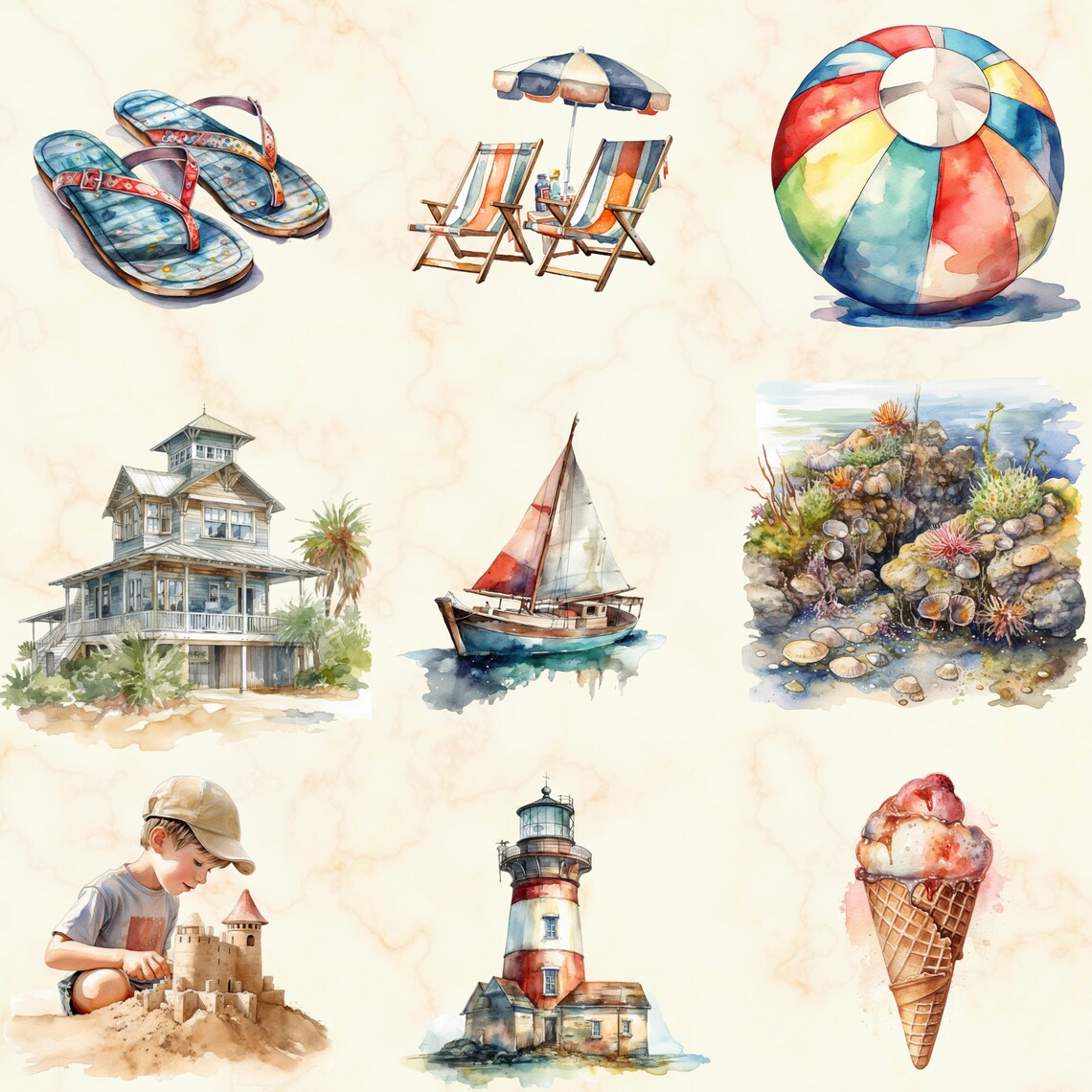 27 Beach Watercolor Clipart Pretty Summer Vacation PNG Set - Etsy