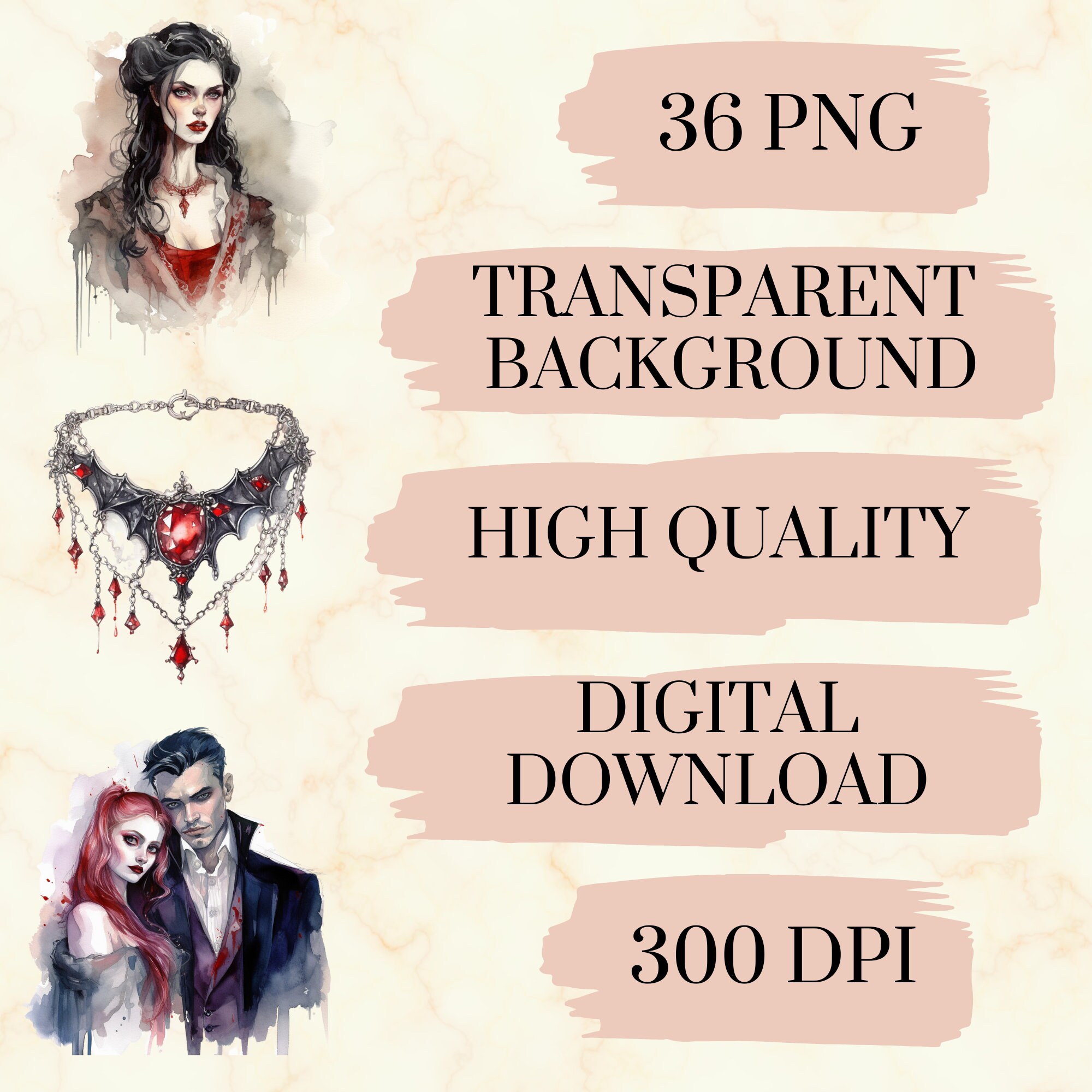 36 Vampires Watercolor Clipart - Pretty Dark Gothic PNG Set, Black Red ...