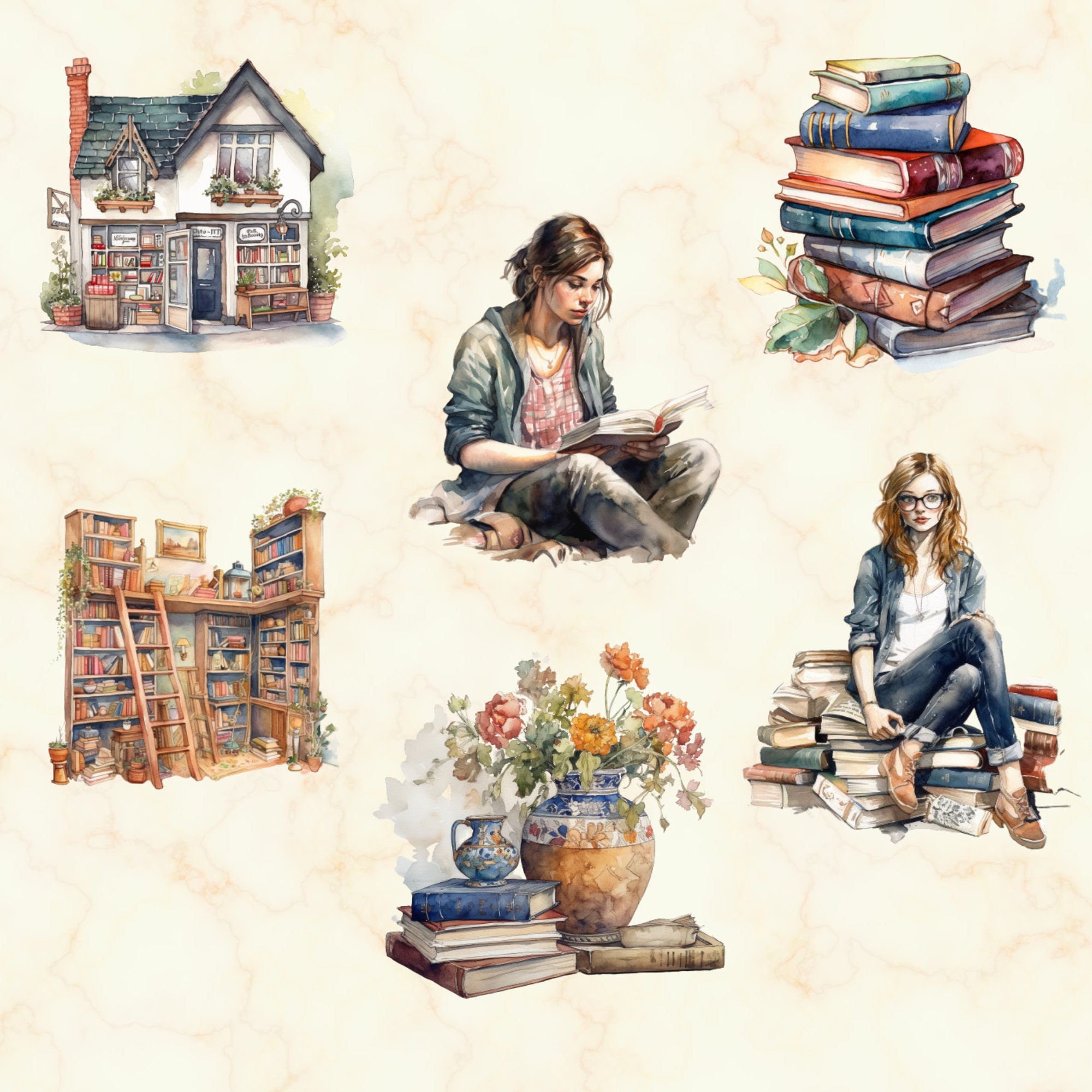 24 PNG Watercolor Book Lover Clipart - Pretty Books PNG Set, Cute ...