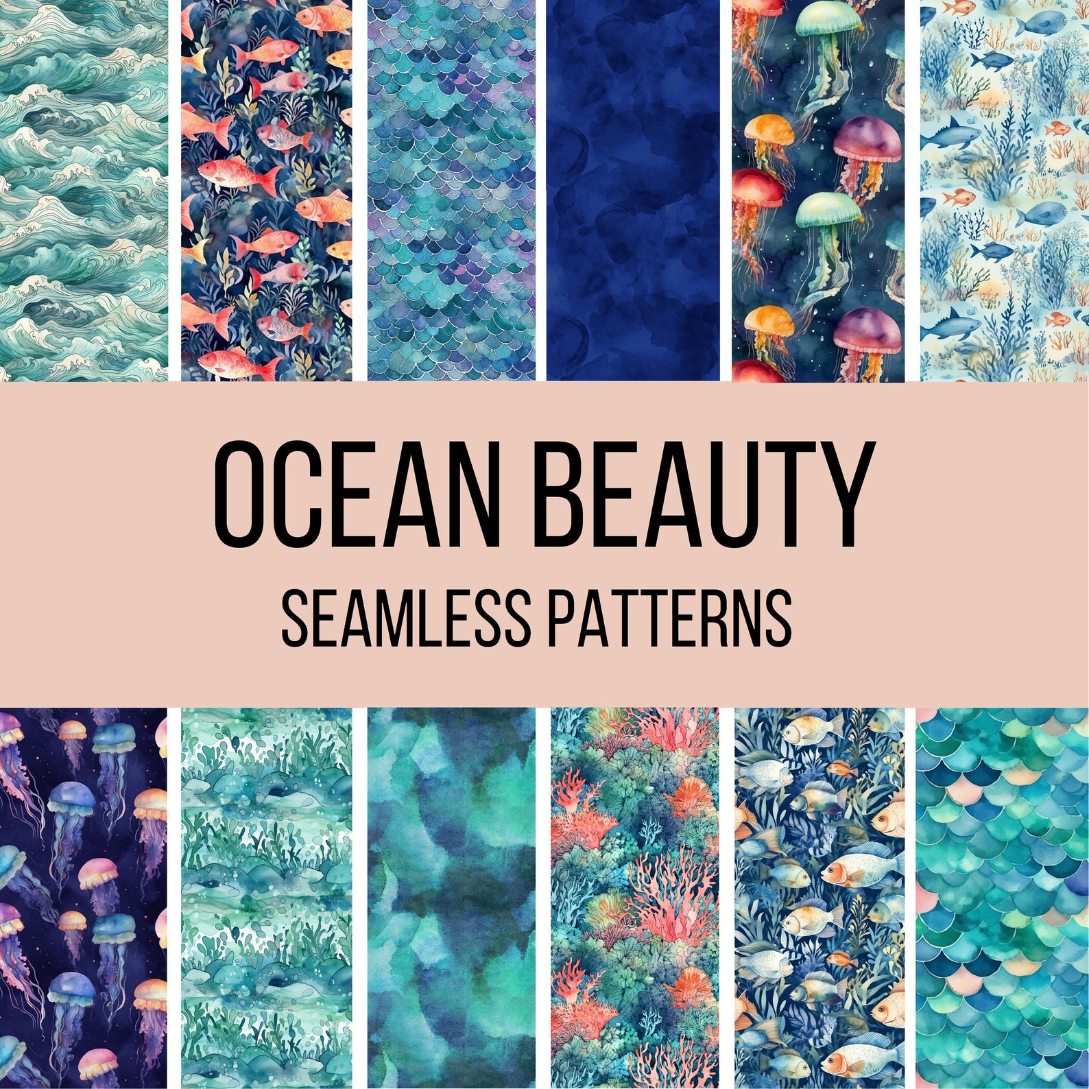 Ocean Beauty Seamless Digital Paper - Seamless Deep Sea Watercolor ...