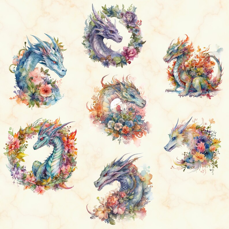 21 Flower Dragons Watercolor Clipart - Pretty Floral Dragon PNG Set ...