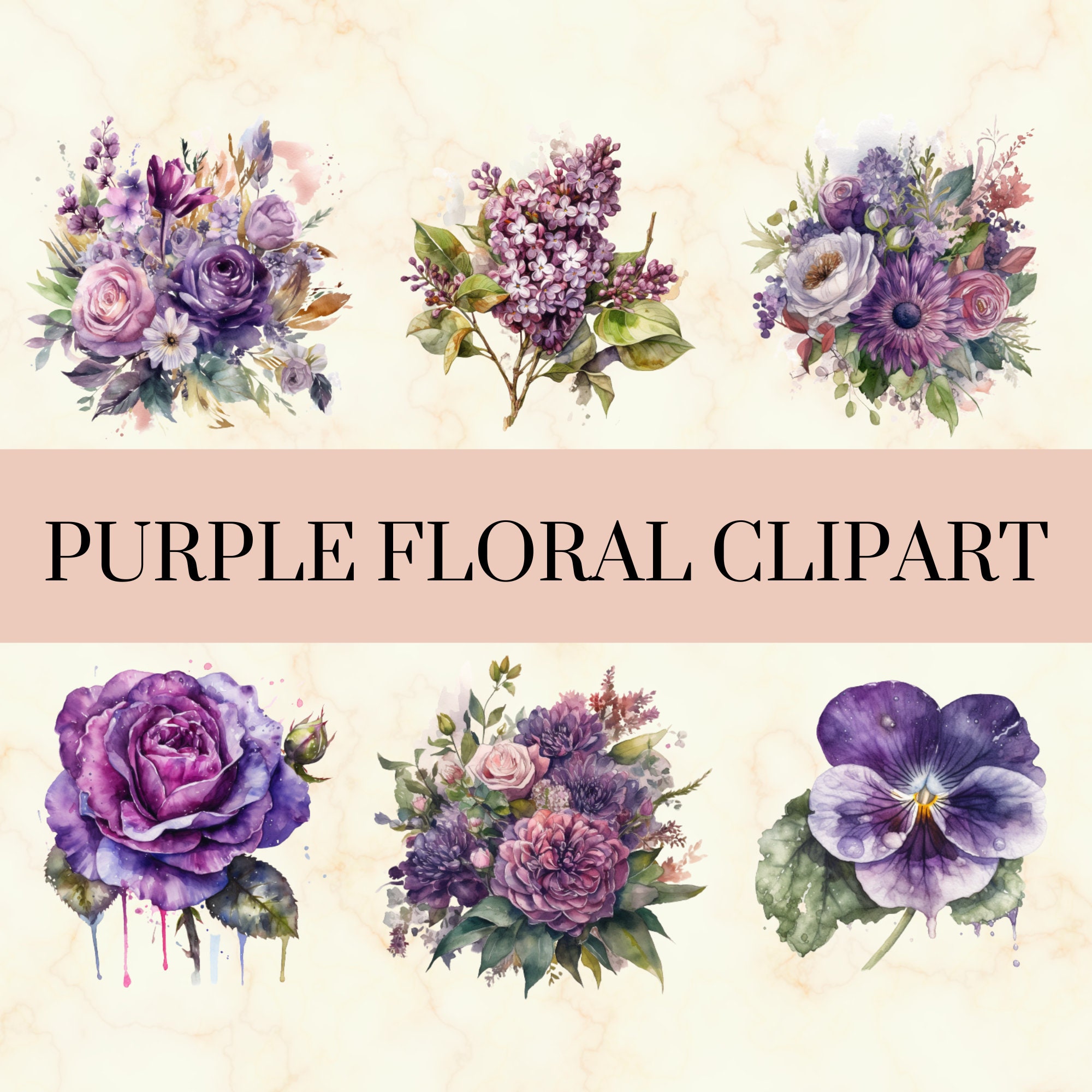 27 PNG Watercolor Purple Flowers Clipart Pretty Floral Wedding PNG Set ...
