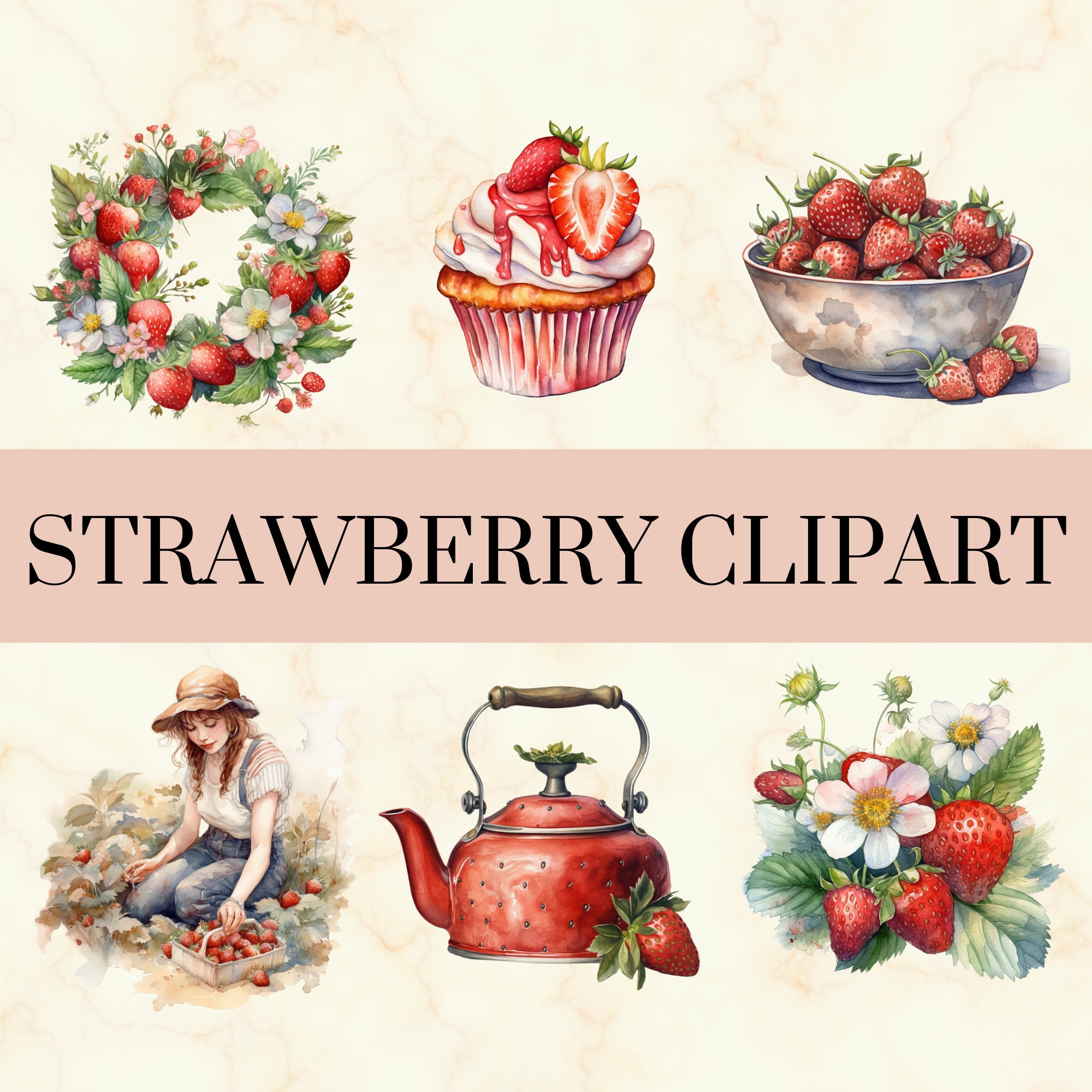 24 Strawberry Watercolor Clipart - Pretty Cottagecore PNG Set, Fruit ...