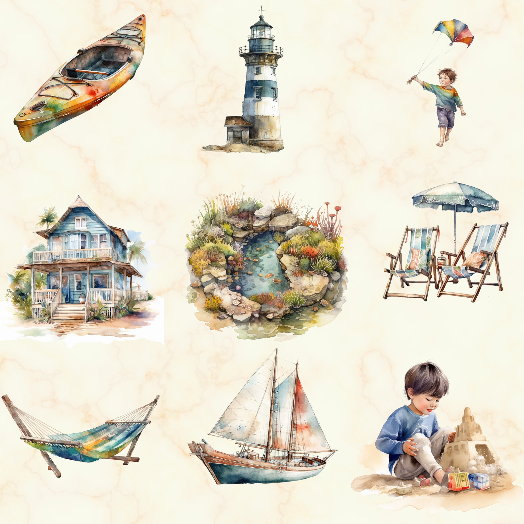 27 Beach Watercolor Clipart - Pretty Summer Vacation PNG Set ...