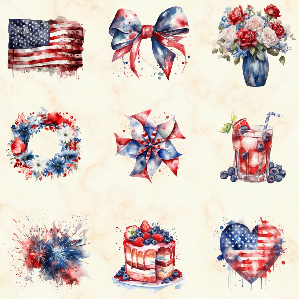 27 Fourth of July Watercolor Clipart Patriotic Holiday PNG Set, America ...