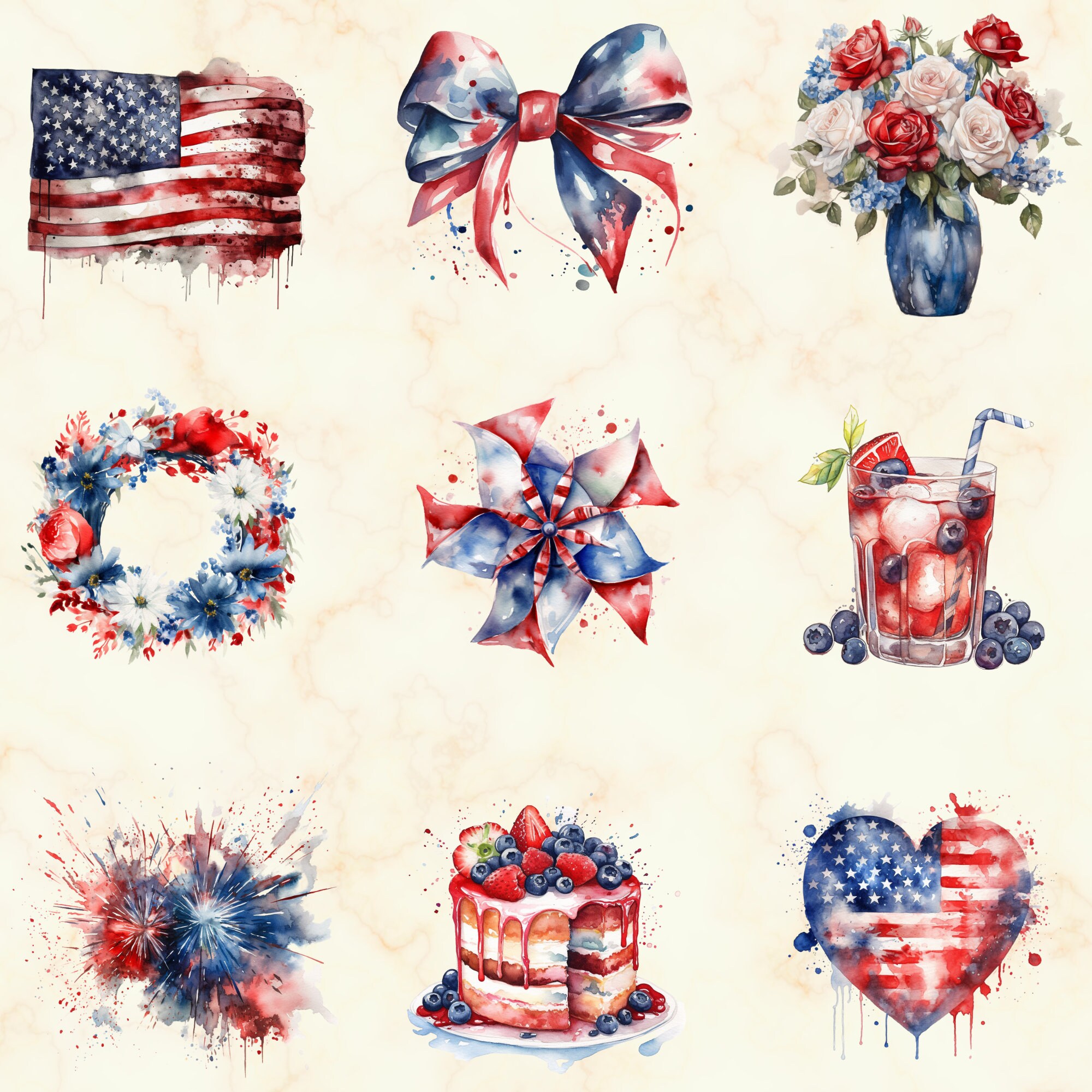 27 Fourth of July Watercolor Clipart Patriotic Holiday PNG Set, America ...