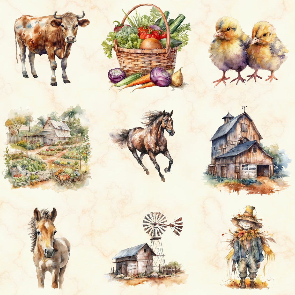 36 Family Farm Watercolor Clipart - Baby Farm Animals PNG Set, Barn ...