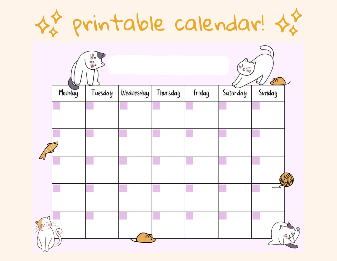 Cute Cat Open Printable Calendar, Digital Download Calendar, Instant ...