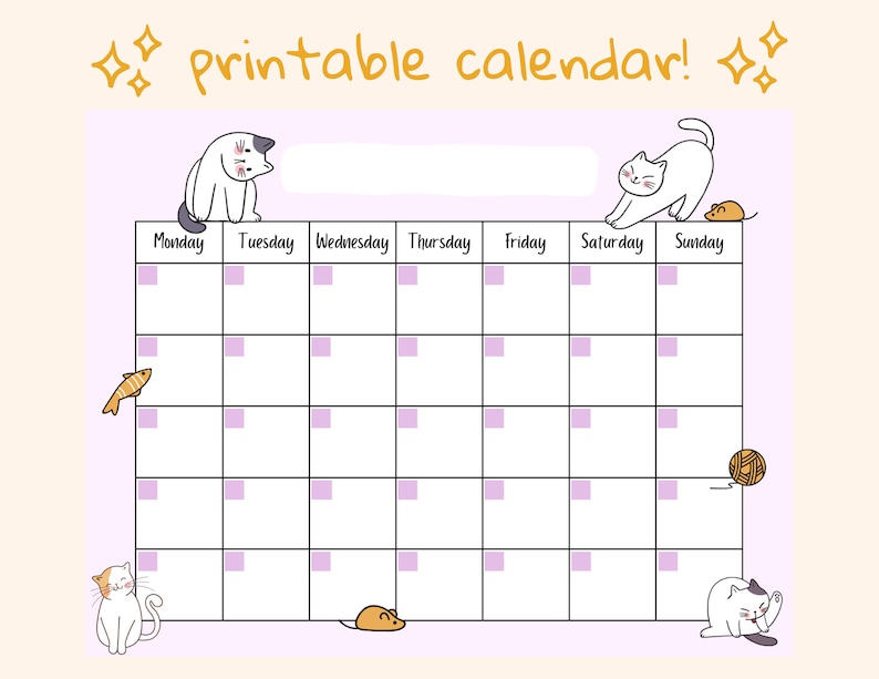 Cute Cat Open Printable Calendar, Digital Download Calendar, Instant ...