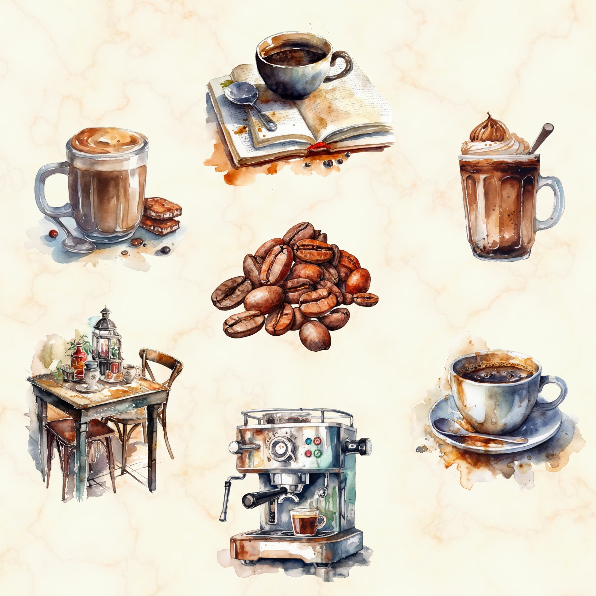 21 Coffee Watercolor Clipart - Cute Cafe PNG Set, Coffee Drinks PNG ...