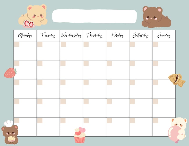 Cute Bear Open Printable Calendar, Digital Download Calendar, Instant ...