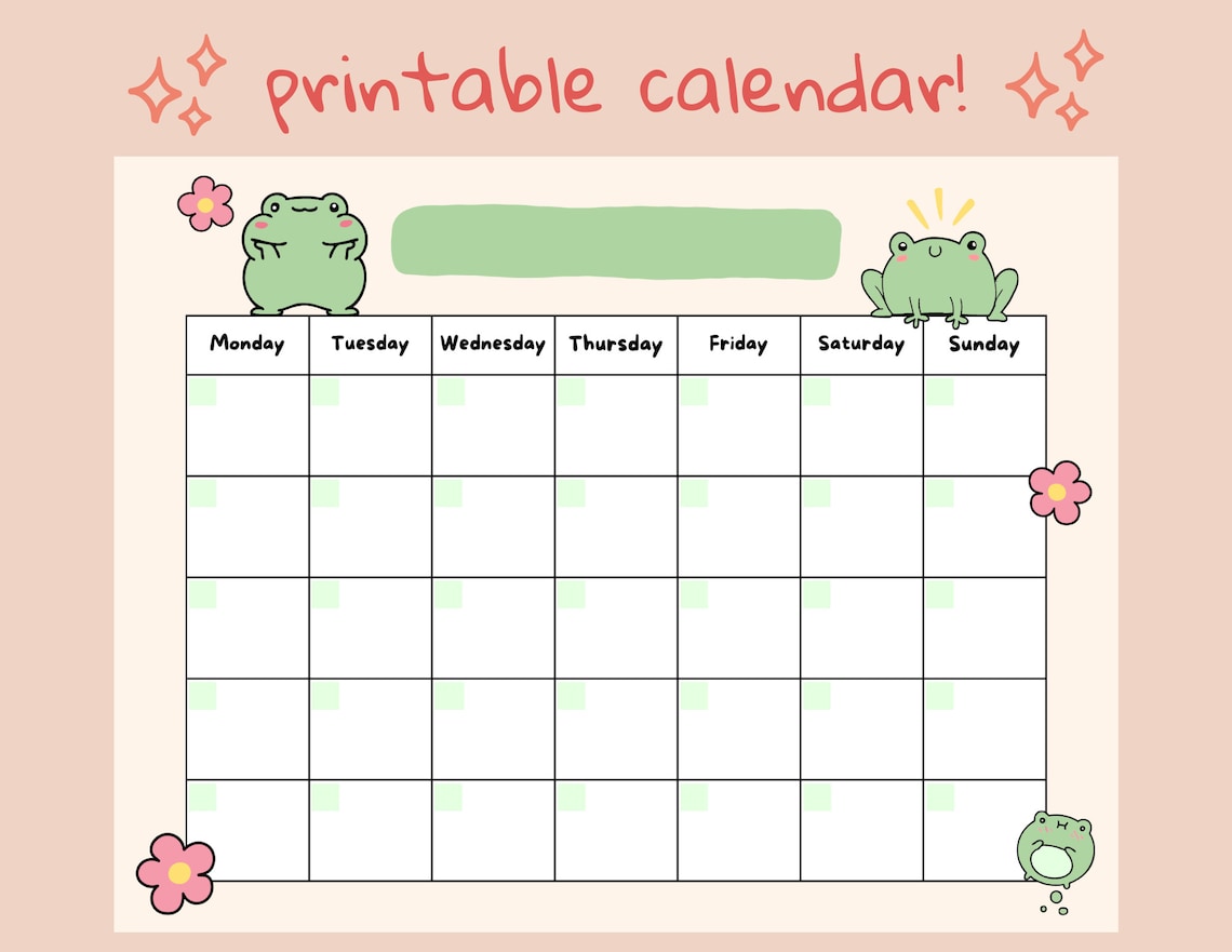 Cute Frog Open Printable Calendar, Digital Download Calendar, Instant ...