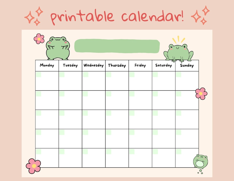 Cute Frog Open Printable Calendar, Digital Download Calendar, Instant ...