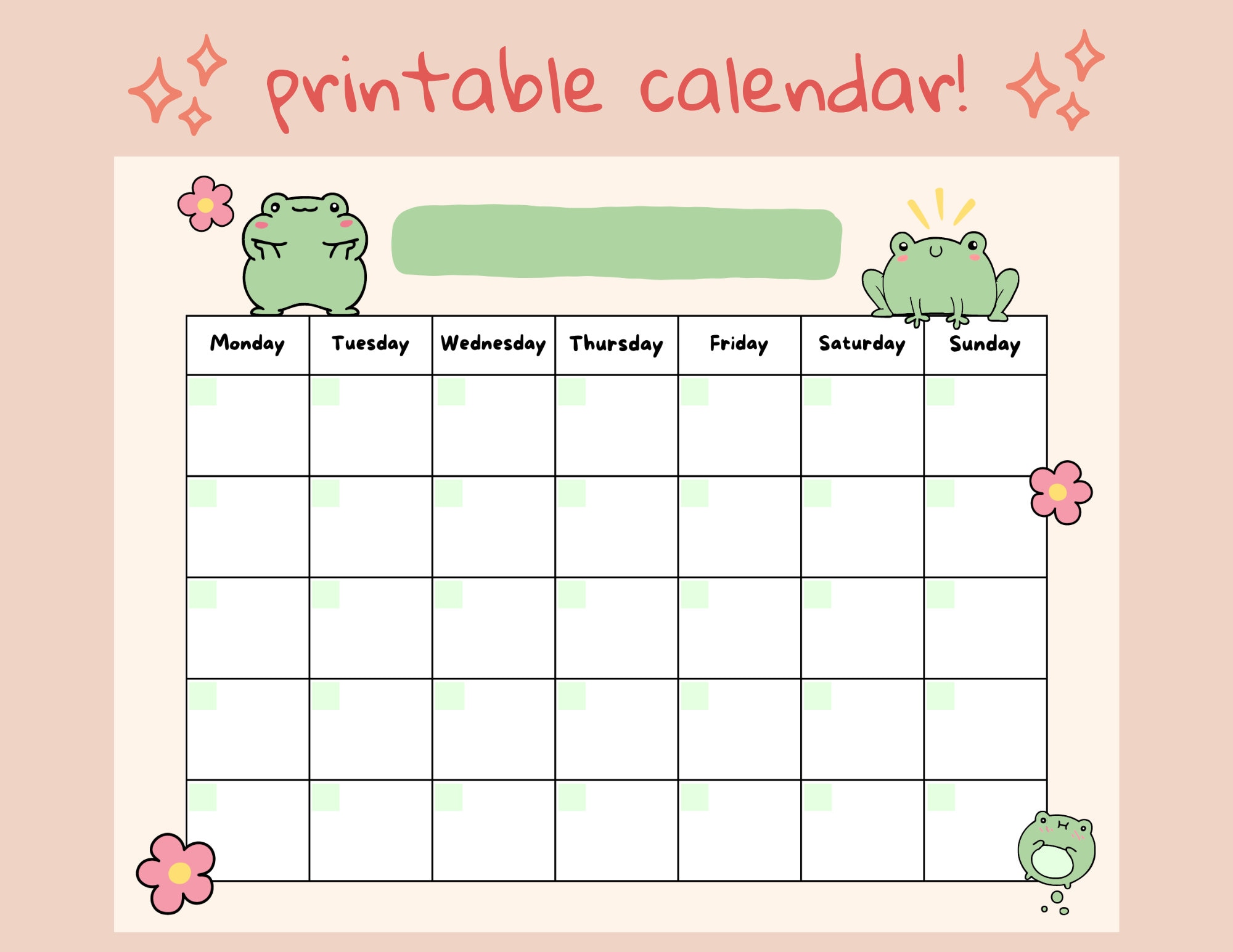 Cute Frog Open Printable Calendar, Digital Download Calendar, Instant ...