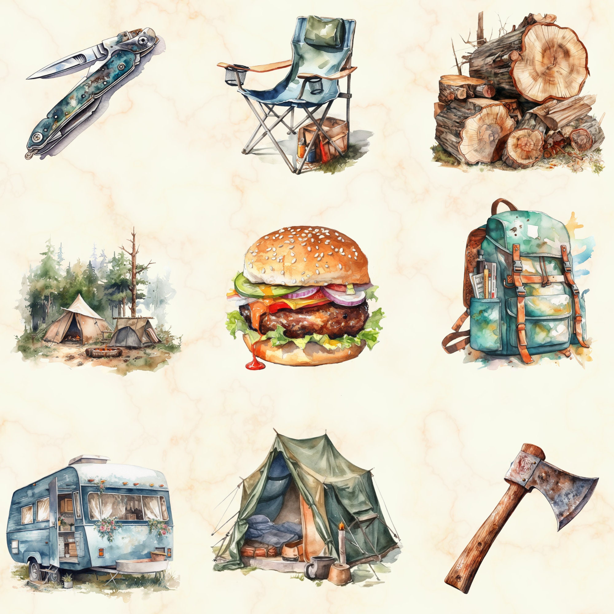 36 Camping Watercolor Clipart Summer Camping PNG Set, Hiking PNG ...