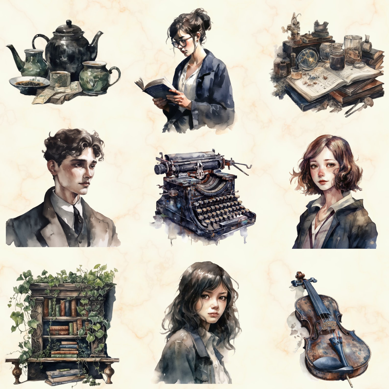 36 PNG Watercolor Dark Academia Clipart - Pretty Black Gothic College ...