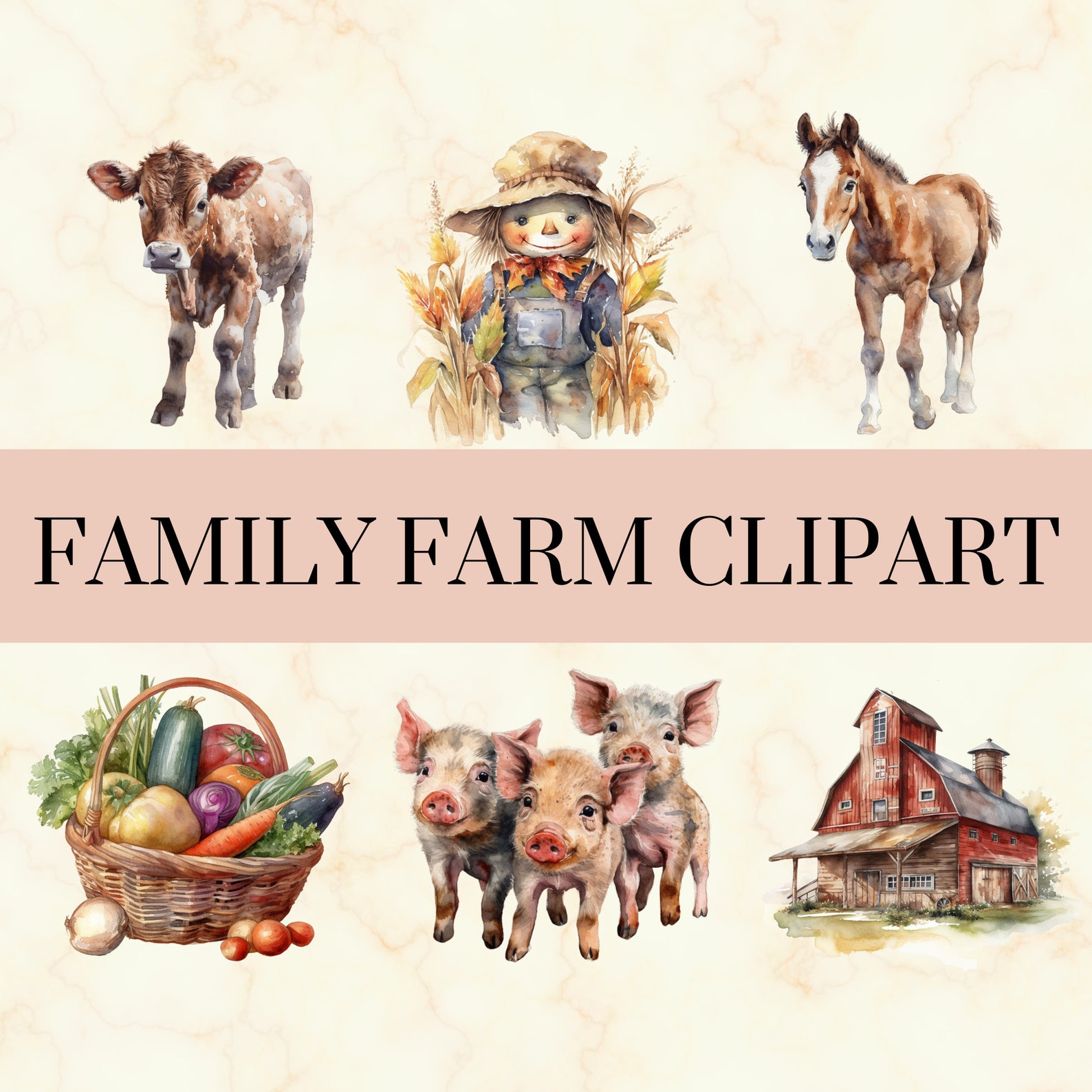 36 Family Farm Watercolor Clipart - Baby Farm Animals PNG Set, Barn ...