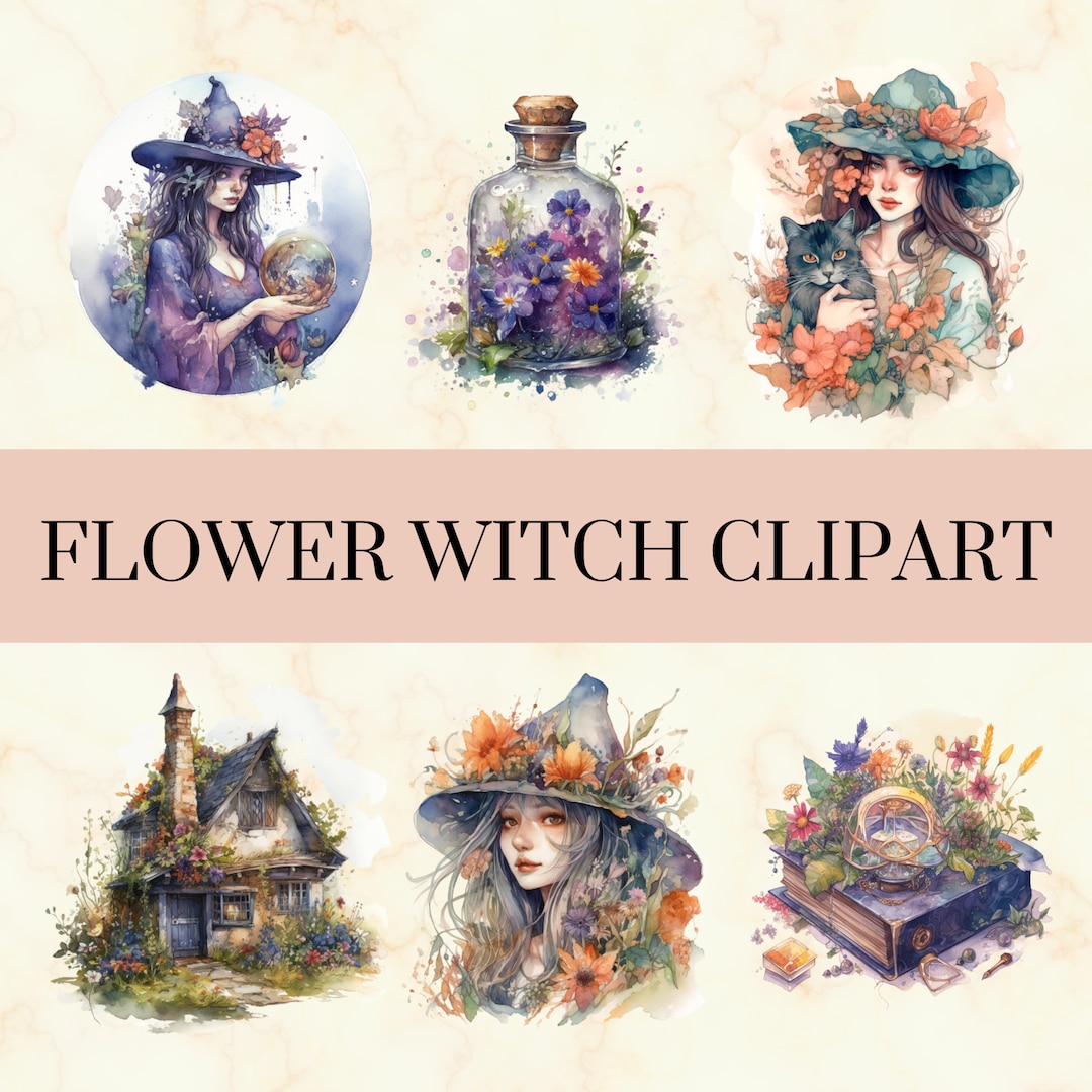 45 PNG Watercolor Flower Witch Clipart - Pretty Floral Witchy PNG Set ...