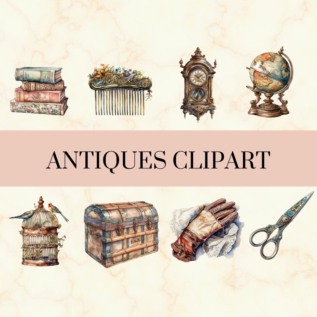 27 Antiques Watercolor Clipart - Pretty Vintage PNG Set, Books ...