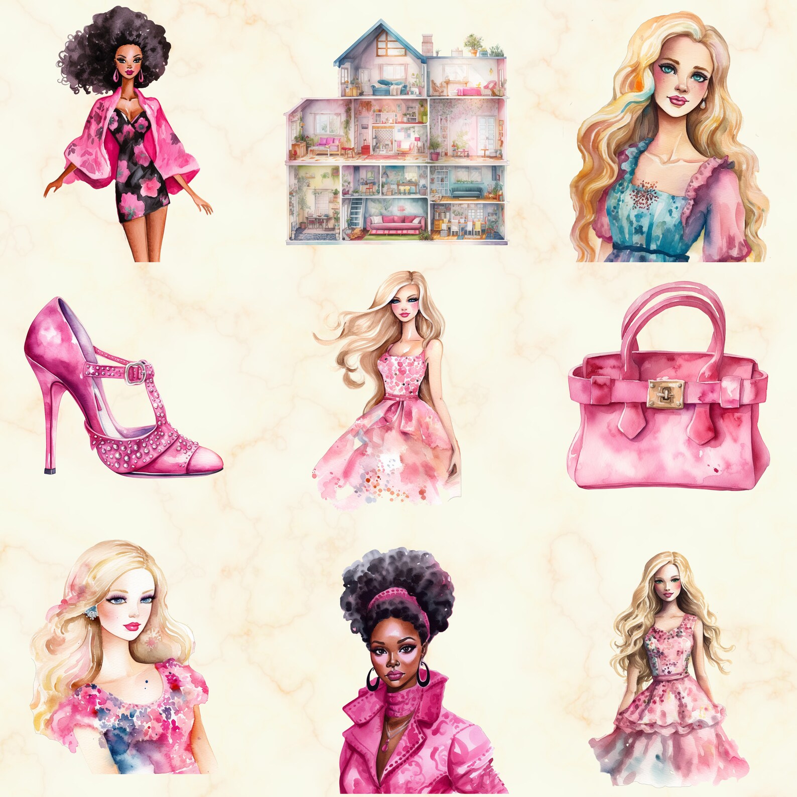 27 Barbie Watercolor Clipart - Pretty Barbie Doll PNG Set, Pink Girly ...