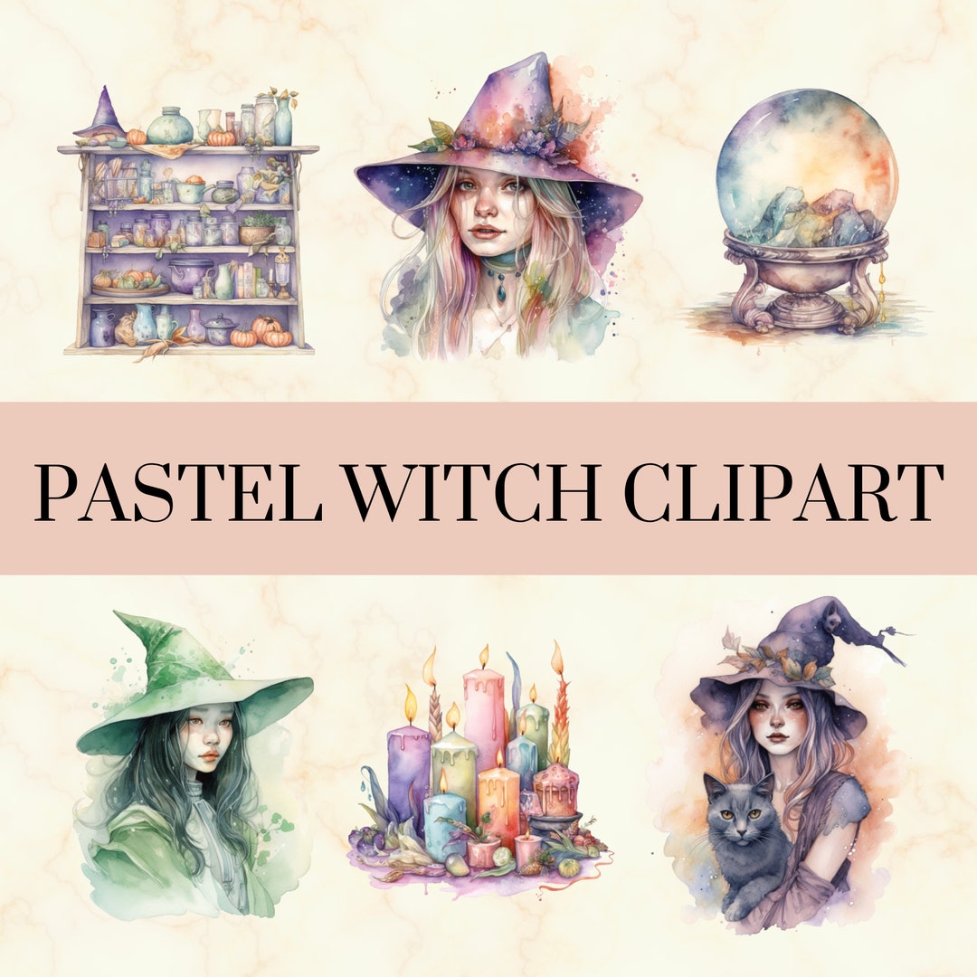 45 PNG Watercolor Pastel Witch Clipart - Pretty Colorful Witchy PNG Set ...