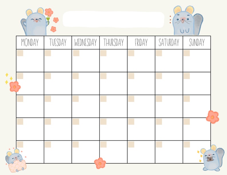 Cute Mouse Open Printable Calendar, Digital Download Calendar, Instant ...