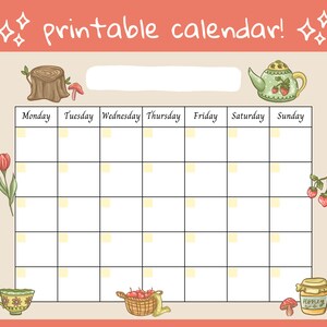 Sweet Cottagecore Open Printable Monthly Calendar Planner, Digital ...