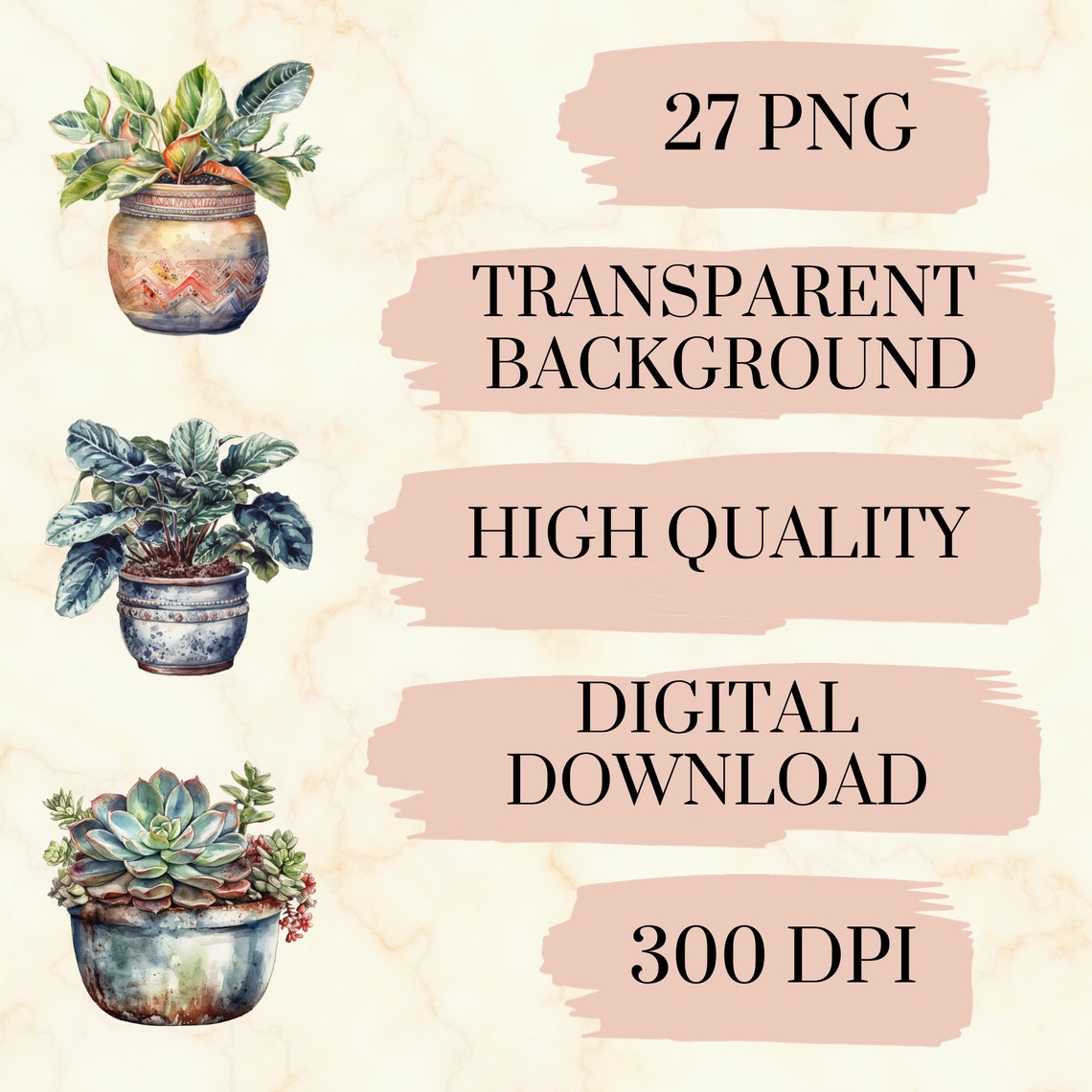 27 Houseplants Watercolor Clipart - Pretty Potted Plants PNG Set, Green ...