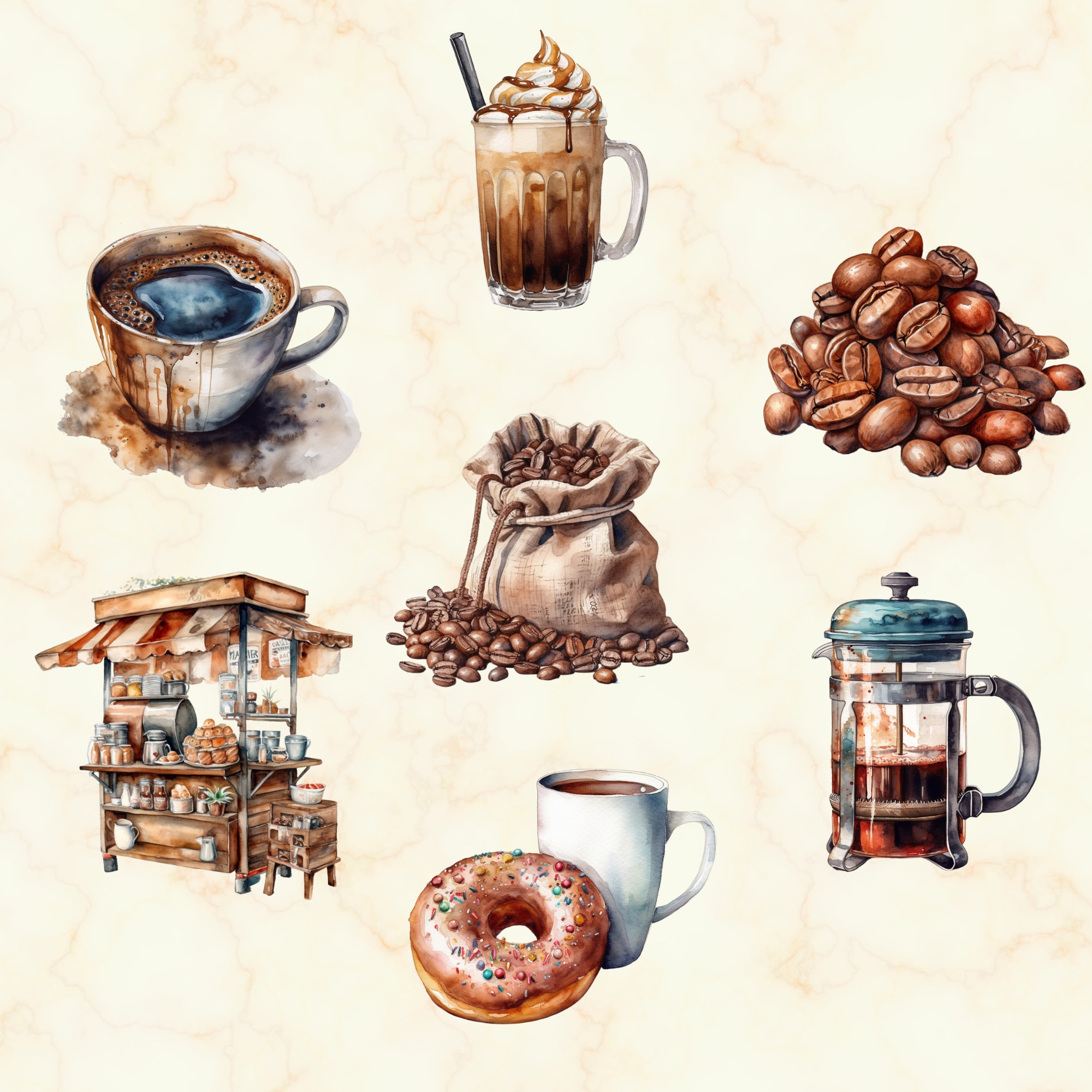 21 Coffee Watercolor Clipart - Cute Cafe PNG Set, Coffee Drinks PNG ...