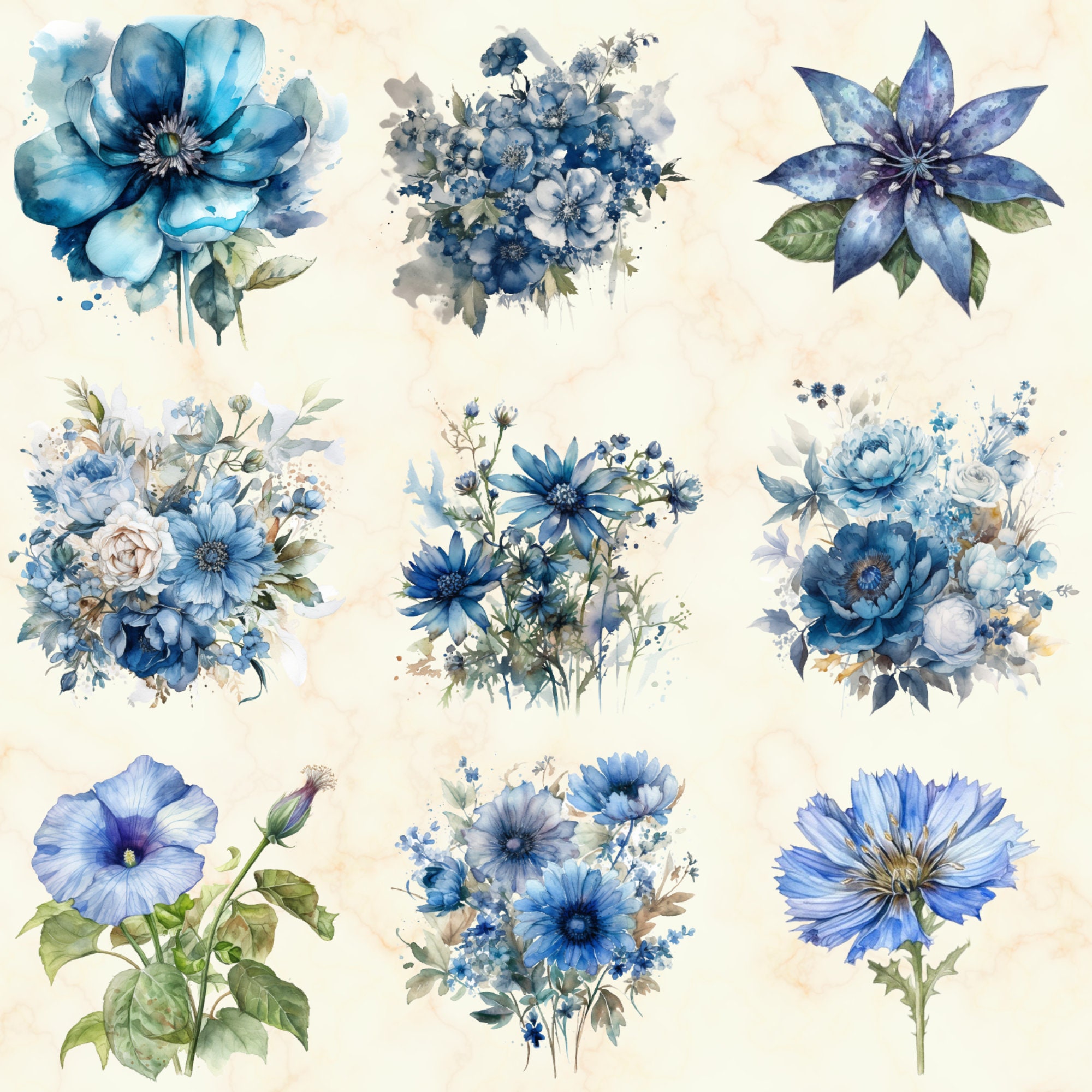 27 PNG Watercolor Blue Flowers Clipart Pretty Floral PNG Set ...
