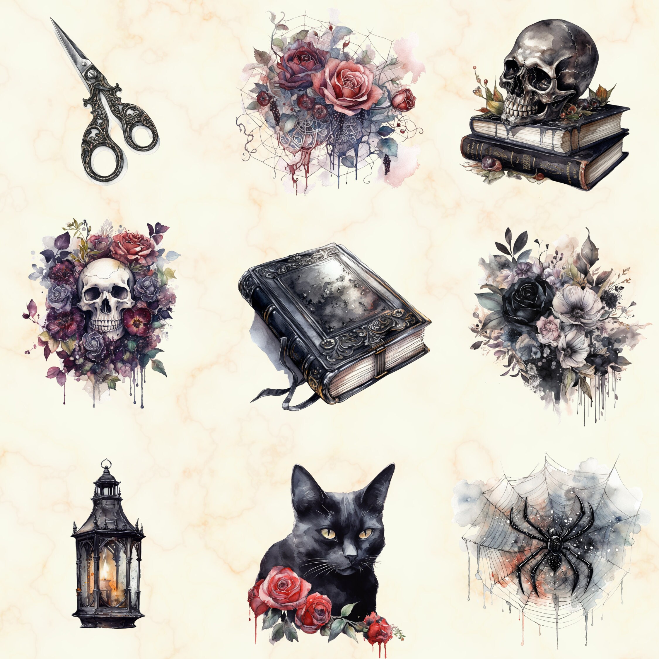 36 Dark Gothic Watercolor Clipart Pretty Dark Academia PNG Set, Skulls ...