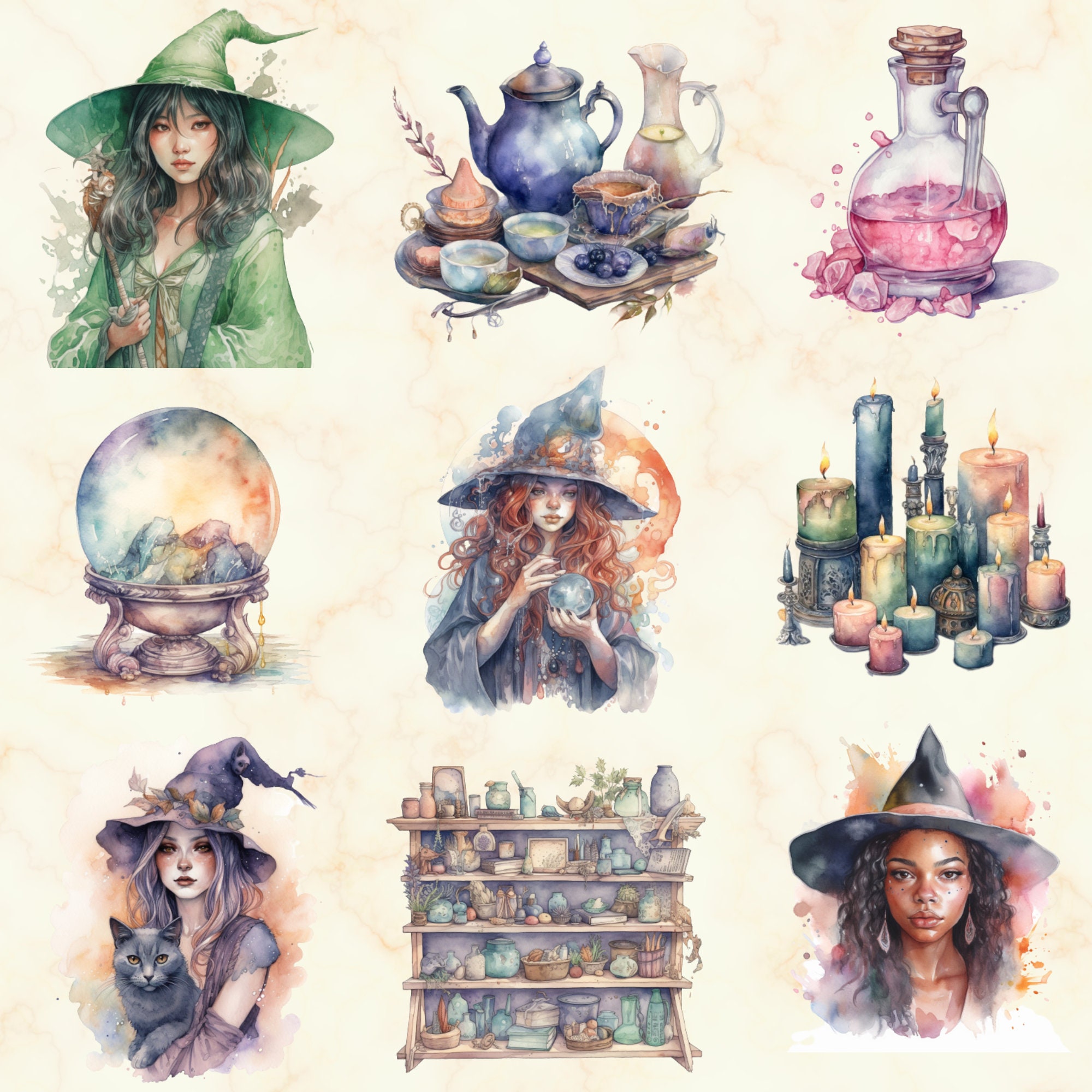 45 PNG Watercolor Pastel Witch Clipart Pretty Colorful Witchy PNG Set ...