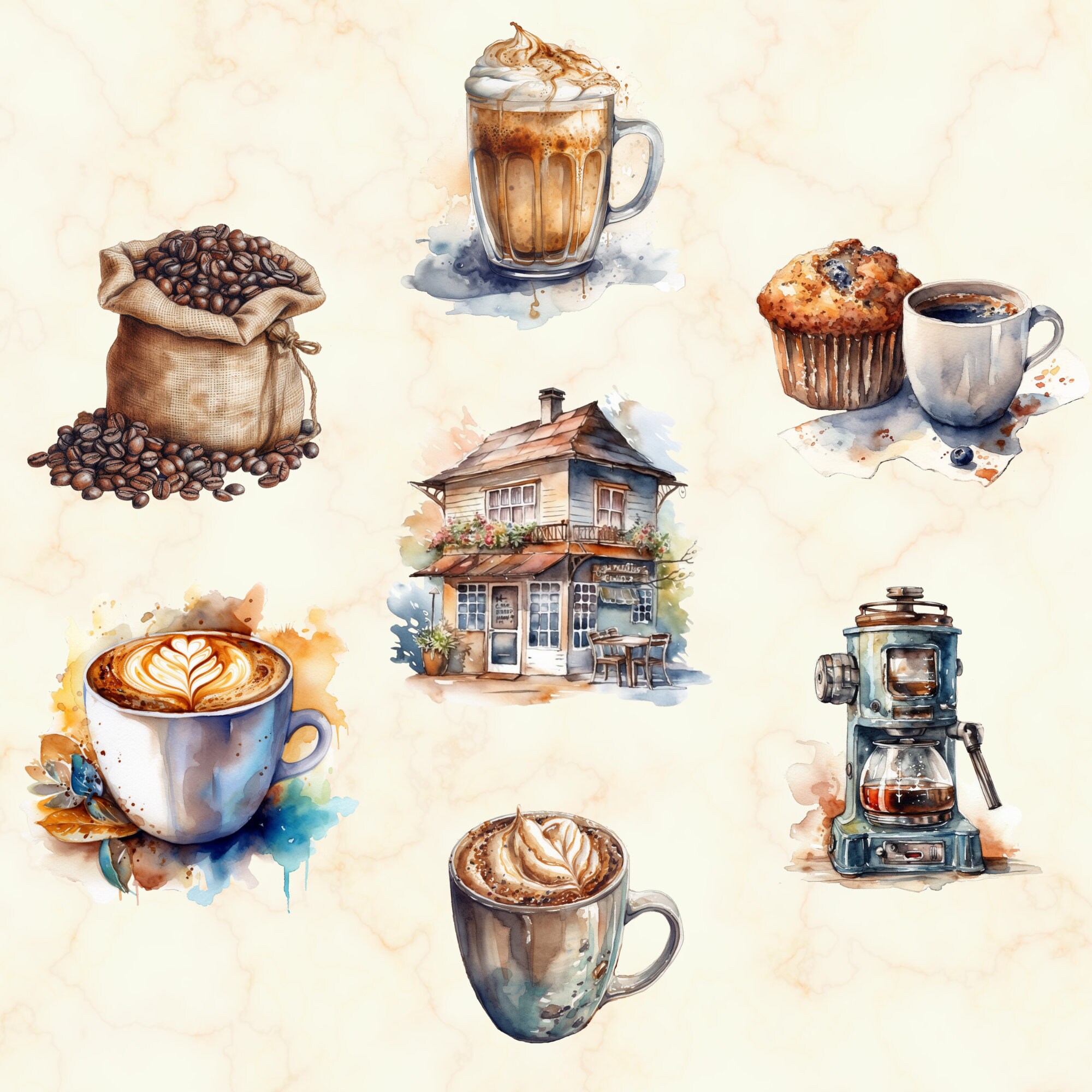 21 Coffee Watercolor Clipart - Cute Cafe PNG Set, Coffee Drinks PNG ...