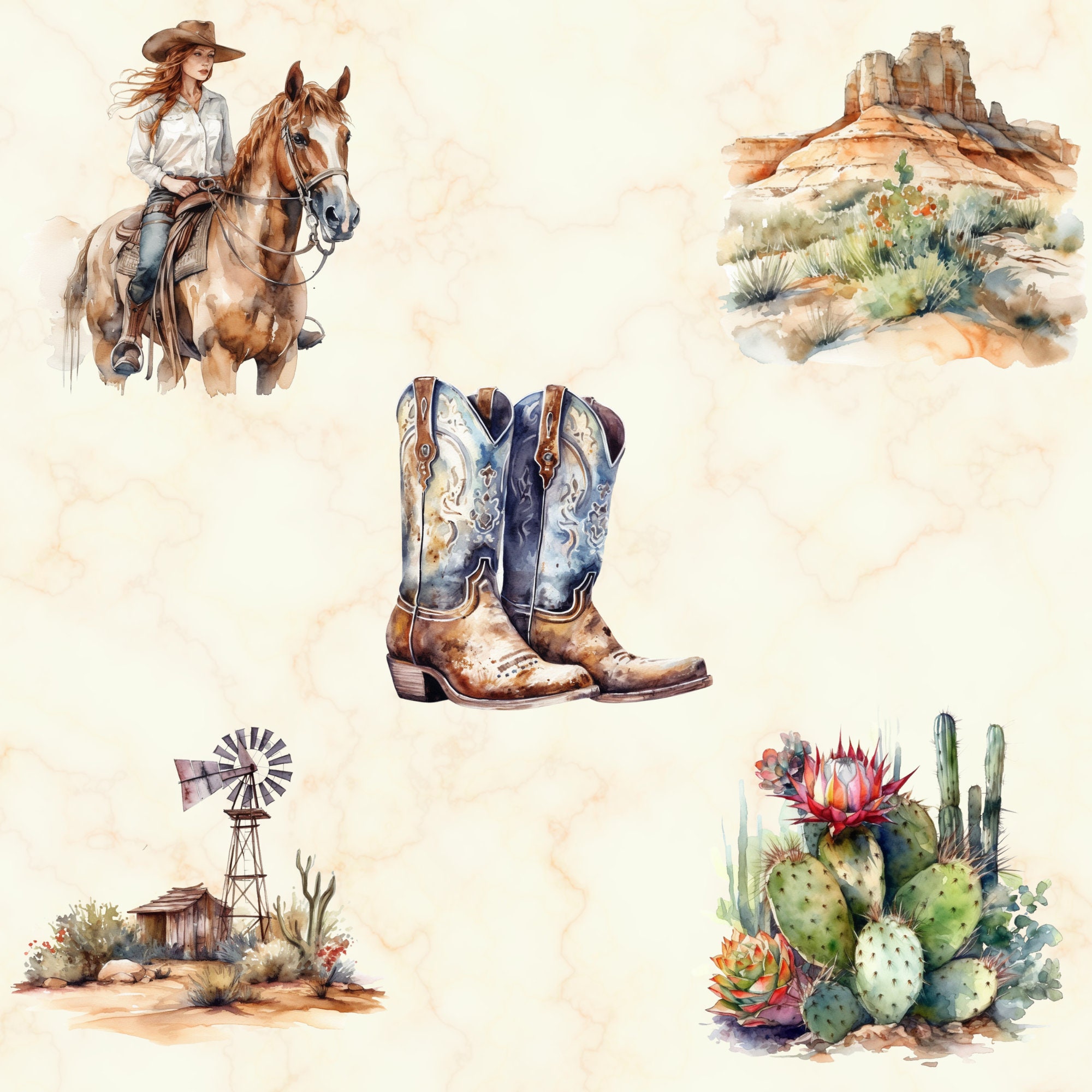20 Western Watercolor Clipart - Pretty Cowboy Cowgirl PNG Set, Desert ...
