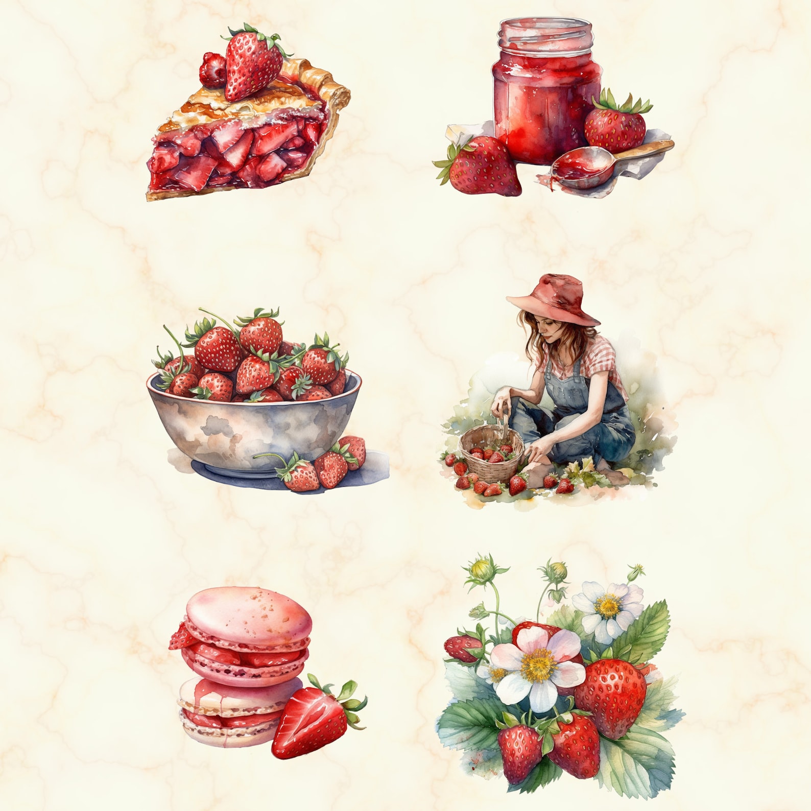 24 Strawberry Watercolor Clipart Pretty Cottagecore PNG Set, Fruit and ...