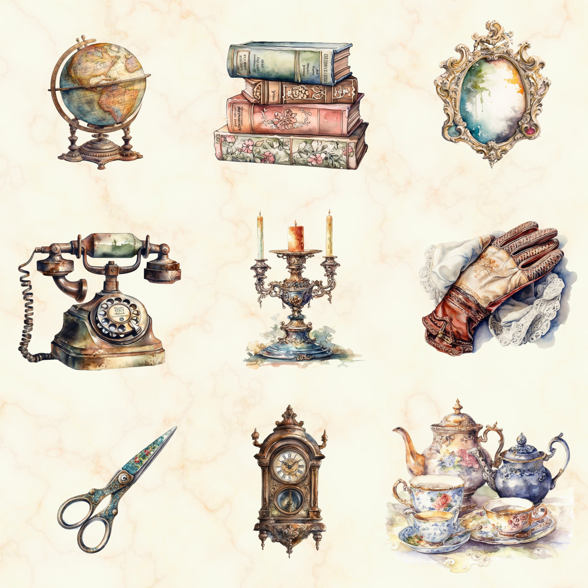 27 Antiques Watercolor Clipart - Pretty Vintage PNG Set, Books ...
