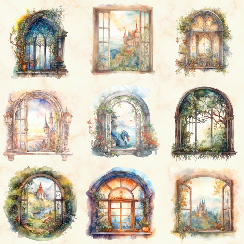 36 Fantasy Windows Watercolor Clipart Magical Fairytale PNG Set ...
