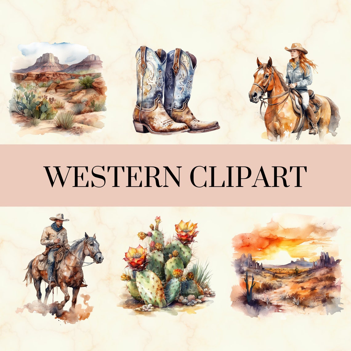 20 Western Watercolor Clipart - Pretty Cowboy Cowgirl PNG Set, Desert ...