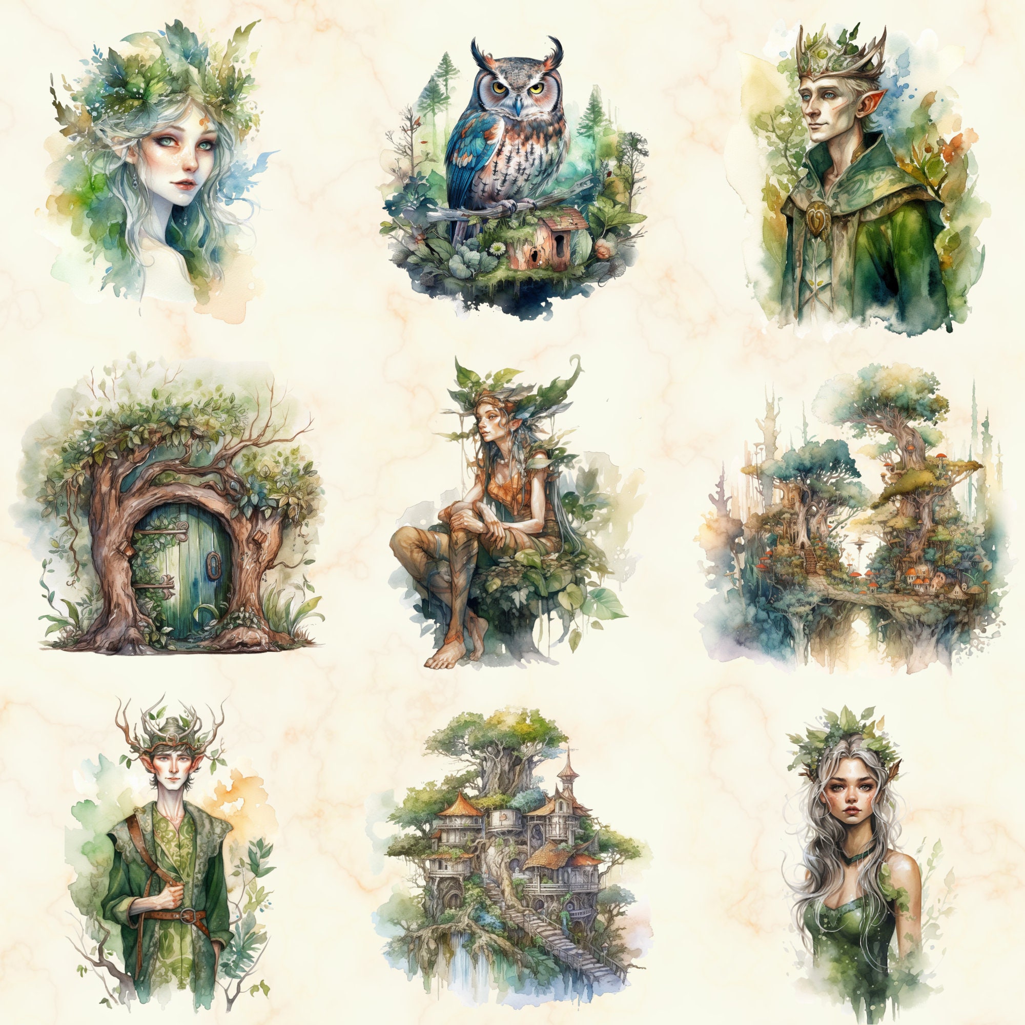 27 Forest Elves Watercolor Clipart Pretty Fantasy Elf PNG Set, Woodland ...