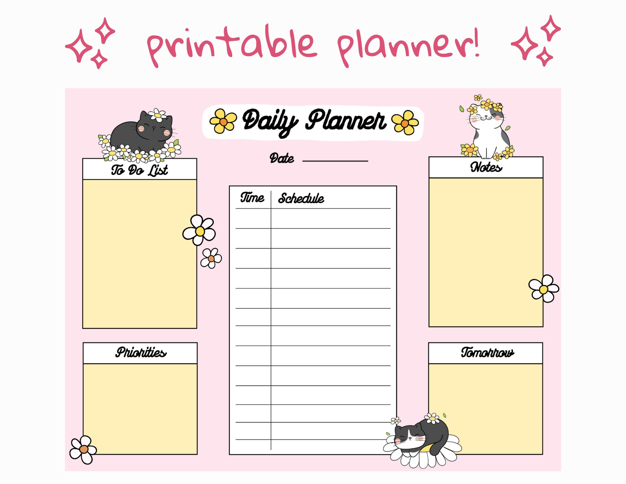 Cute Flowers Cat Open Printable Daily Planner, Digital Download Planner ...