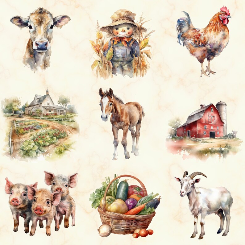 36 Family Farm Watercolor Clipart - Baby Farm Animals PNG Set, Barn ...
