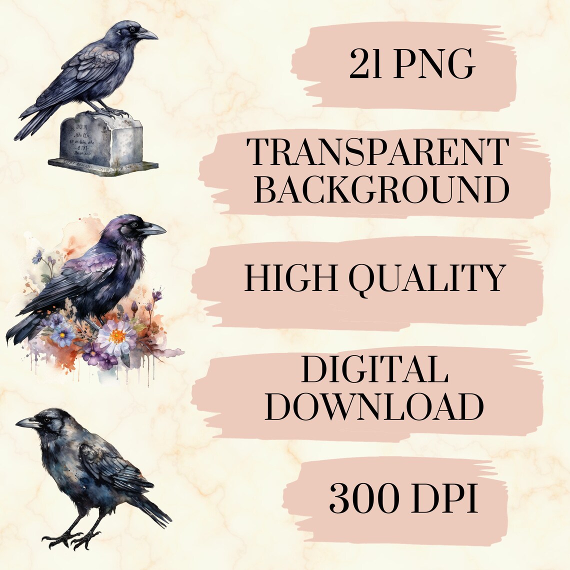 21 Crows Watercolor Clipart - Pretty Fall Black Crows PNG Set, Spooky ...