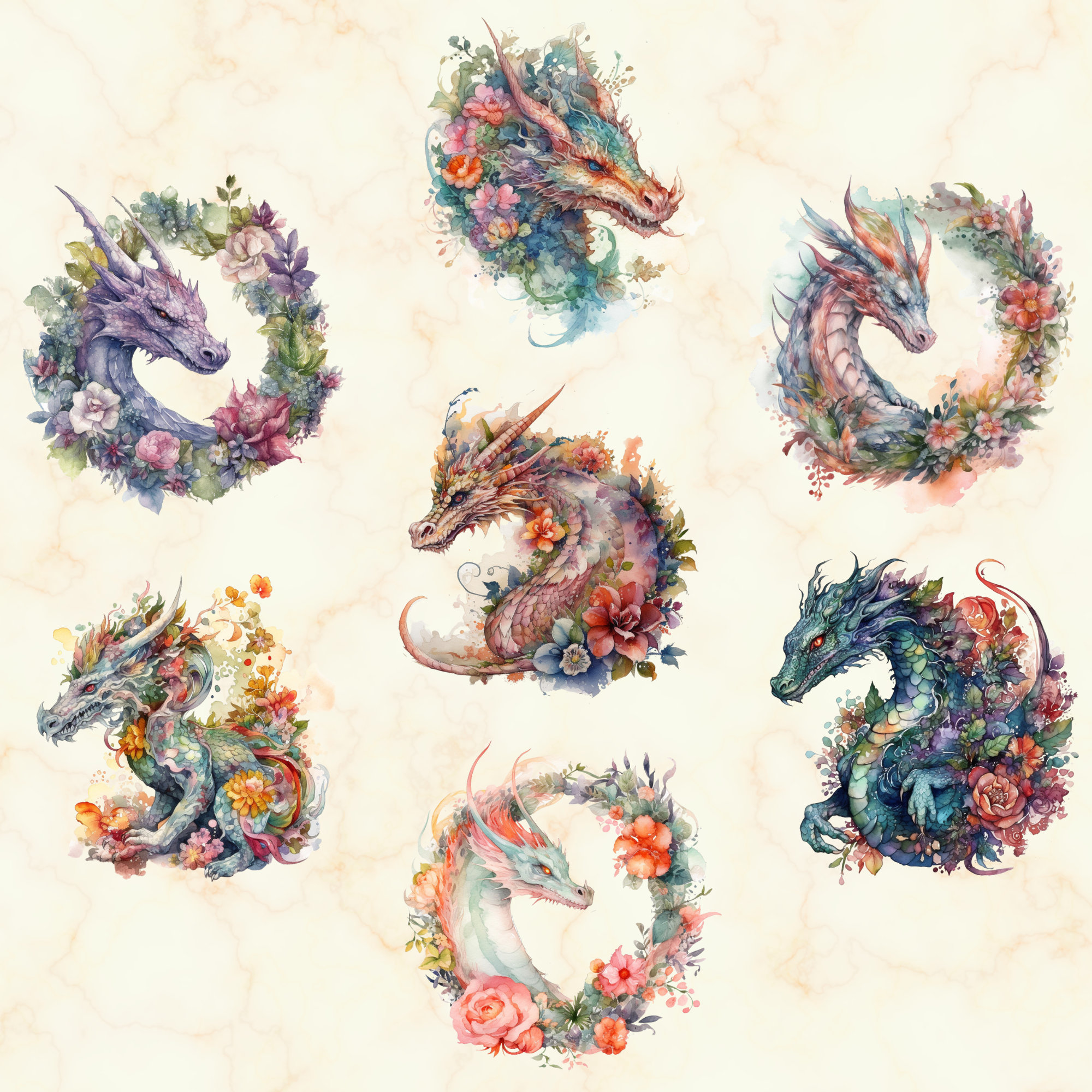 21 Flower Dragons Watercolor Clipart - Pretty Floral Dragon PNG Set ...