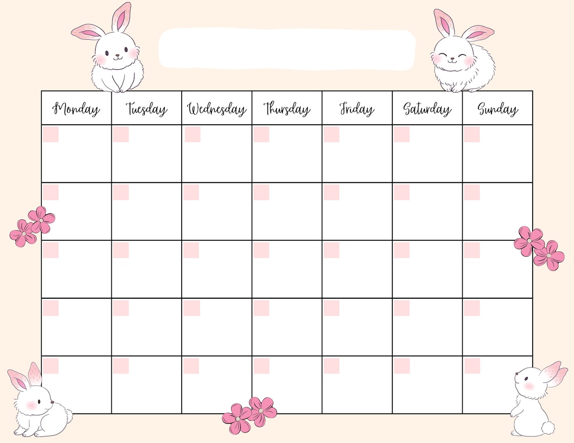 Cute Bunny Open Printable Calendar, Digital Download Calendar, Instant ...