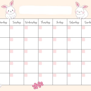 Cute Bunny Open Printable Calendar, Digital Download Calendar, Instant ...