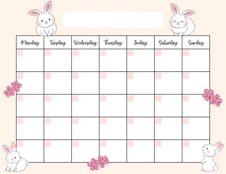 Cute Bunny Open Printable Calendar, Digital Download Calendar, Instant ...