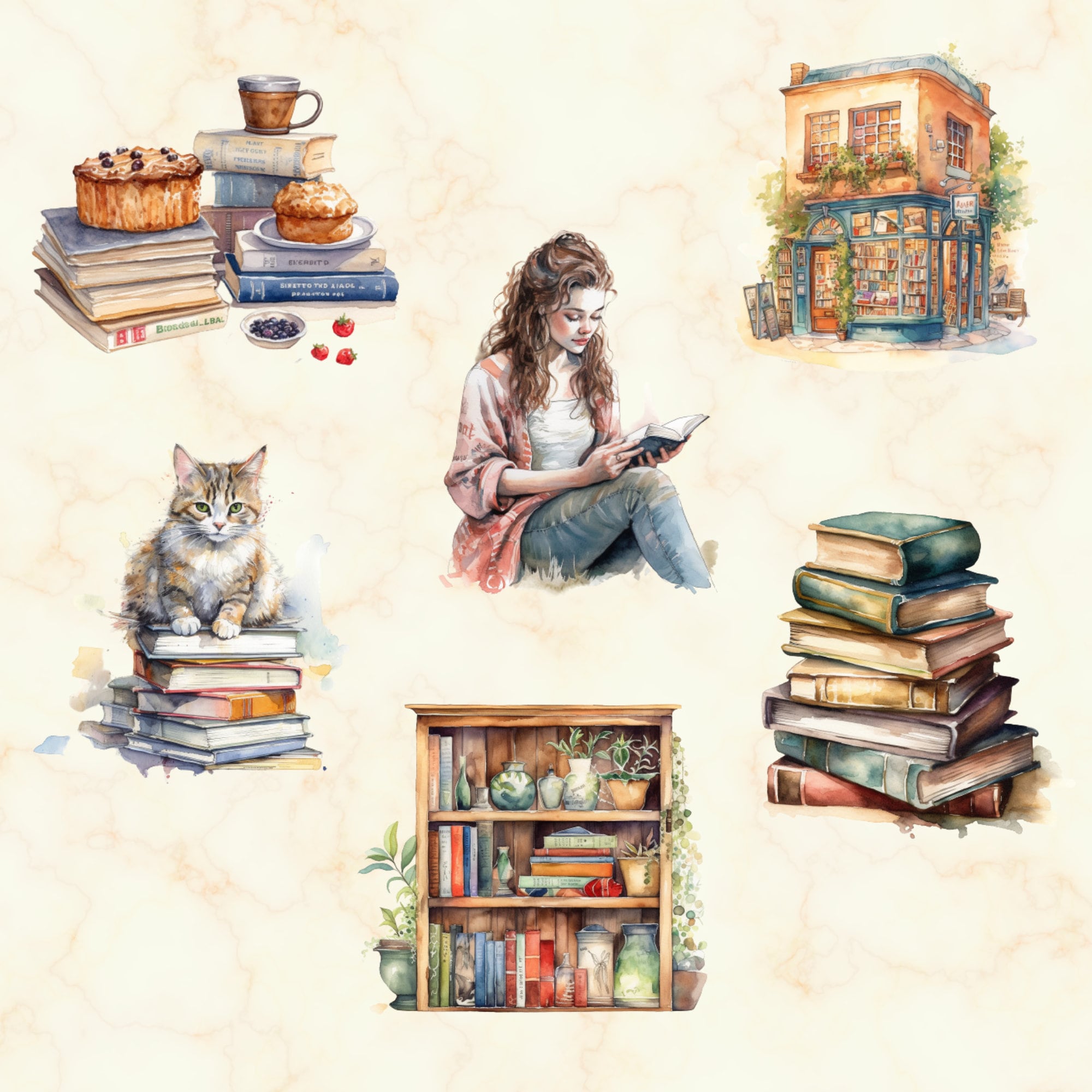 24 PNG Watercolor Book Lover Clipart - Pretty Books PNG Set, Cute ...