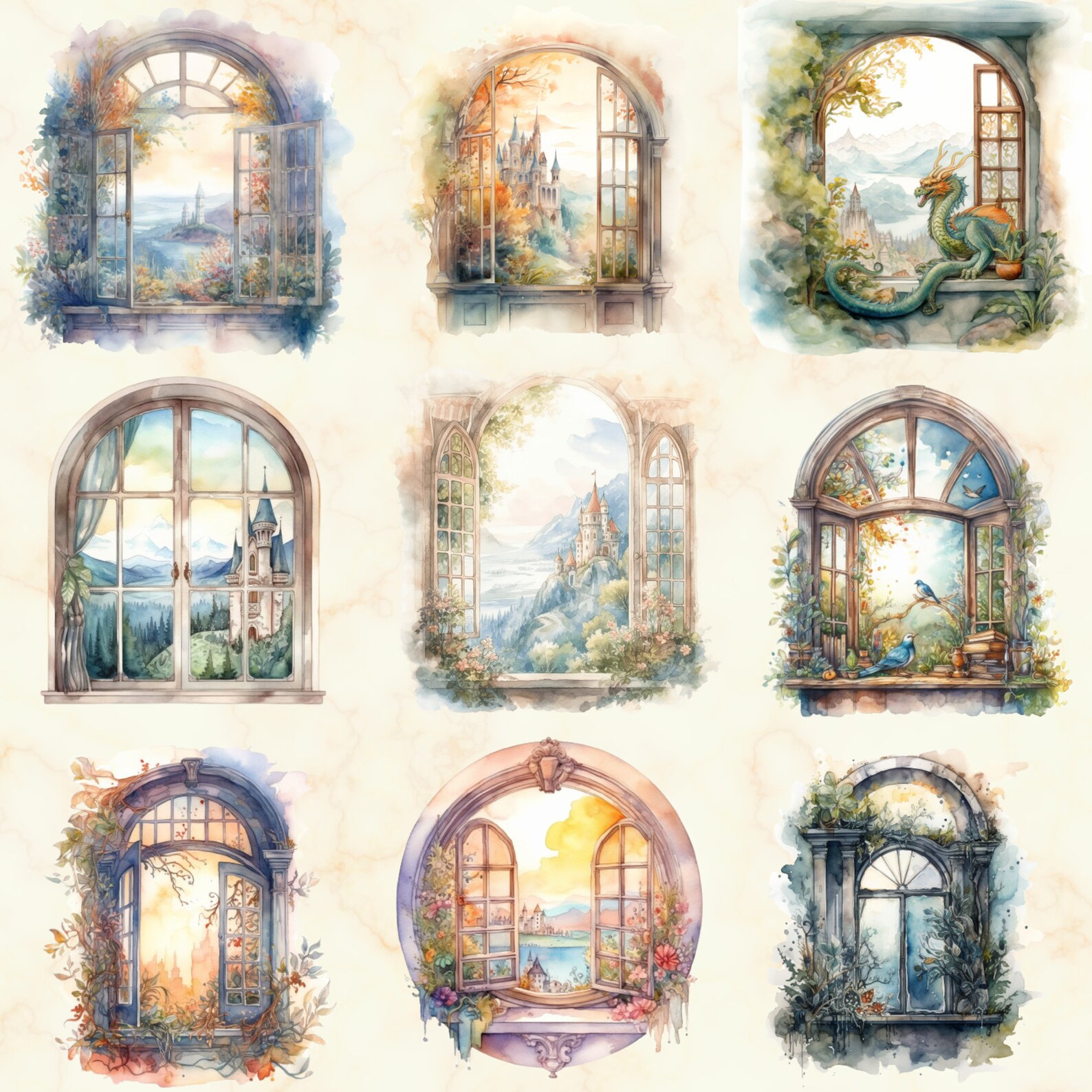 36 Fantasy Windows Watercolor Clipart Magical Fairytale PNG Set ...